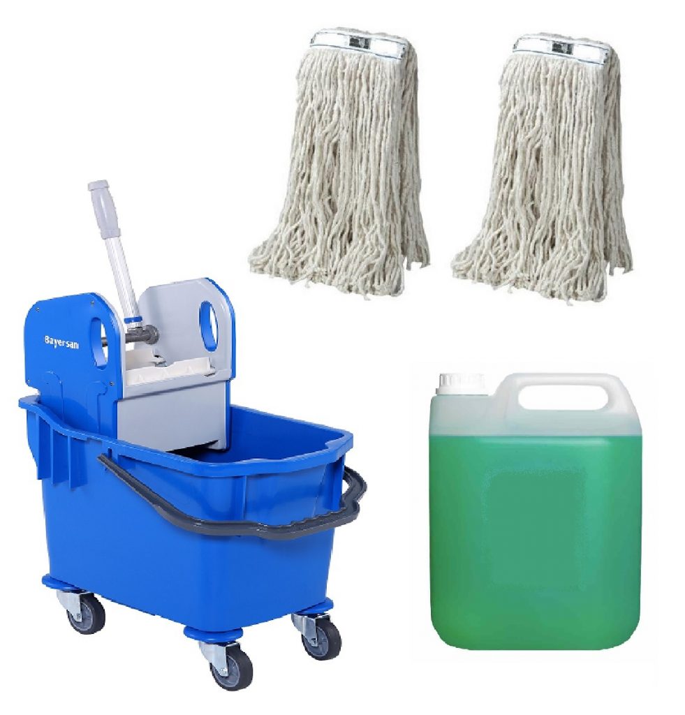 PROFESSIONAL BUCKET SET WITH 2 MOP HEADS & MOPPING LIQUID - FullCleanCentre